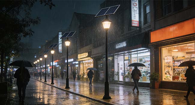 Can solar LED street lights operate in cloudy or rainy conditions?